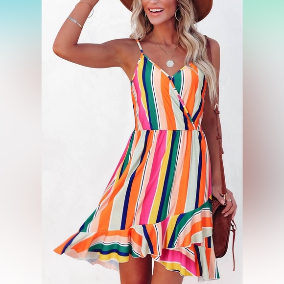 Dresses | Nwt Multicolor Stretch Cotton Rainbow Ruffle Spaghetti Strap ...